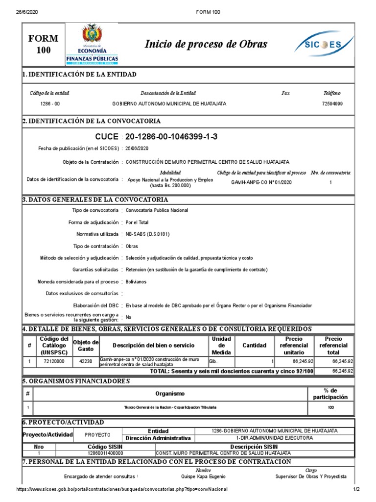 Form 100 Sicoes | PDF
