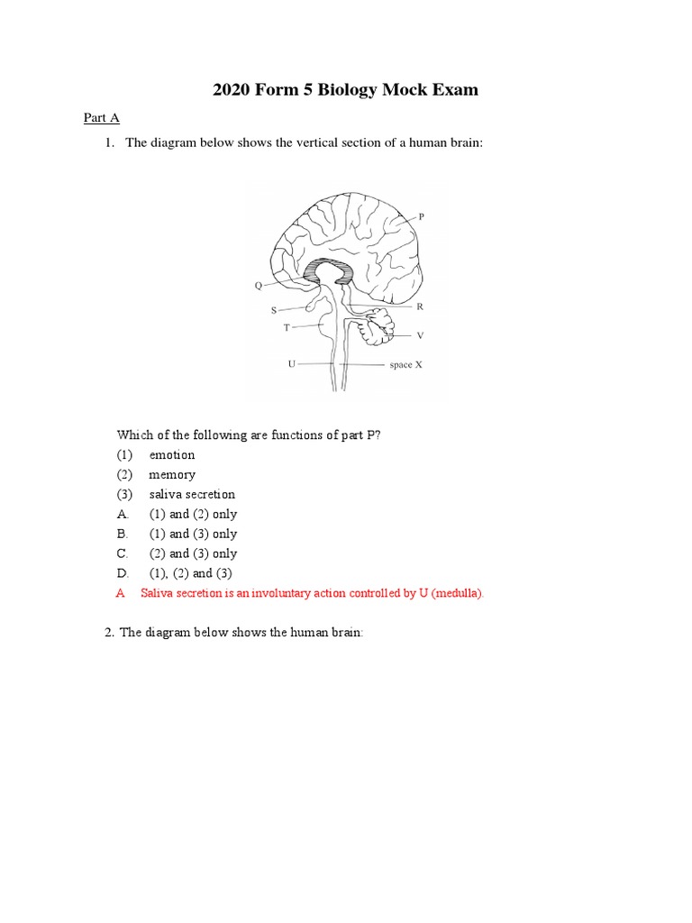 2020 Form 5 Biology Mock Exam: A Saliva Secretion Is An Involuntary ...