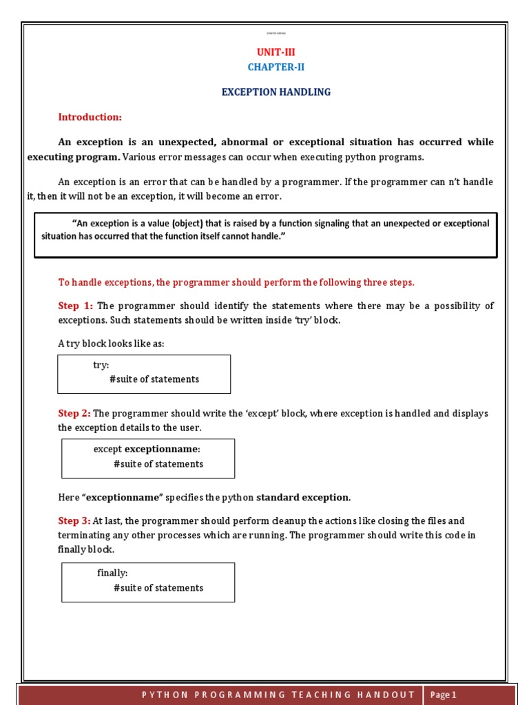 Python Teaching Notes Exception Handling Pdf Pdf Computer File Python Programming Language