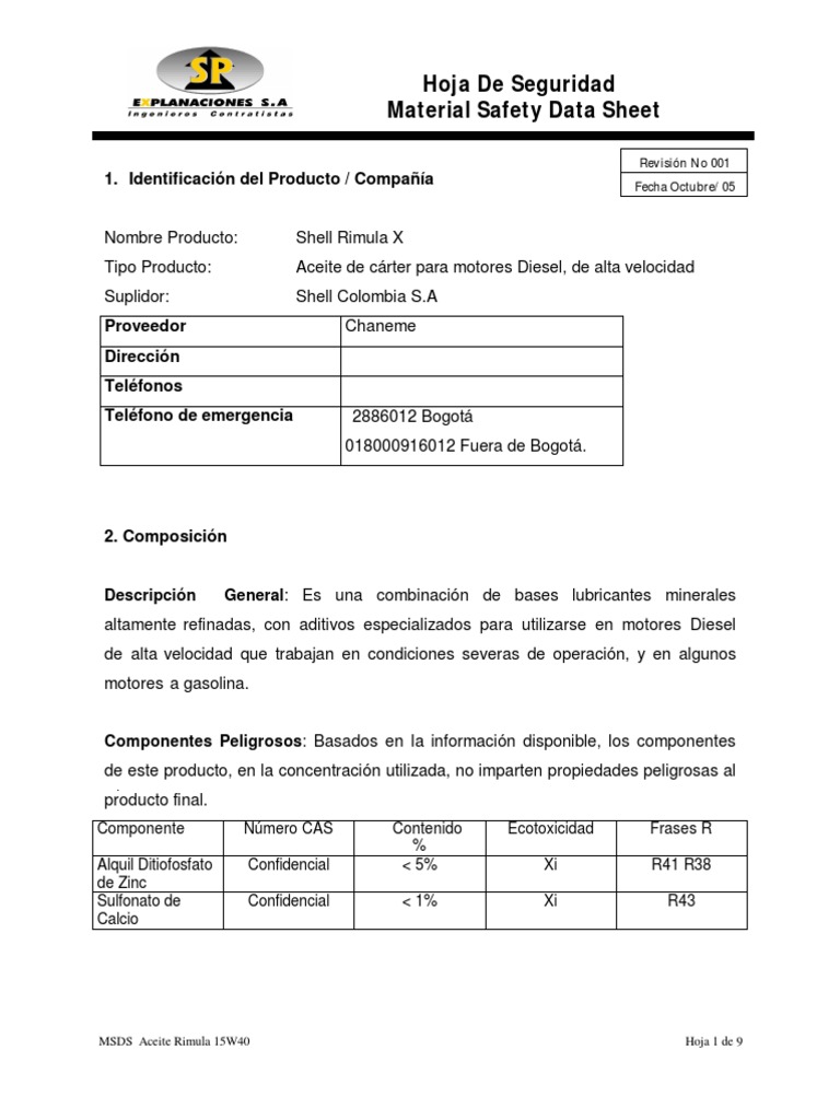 MSDS Aceite Rimula 15W40 | PDF | Toxicidad | Agua