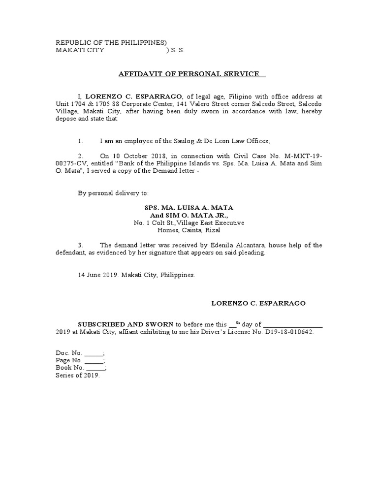 Affidavit of Personal Service: Sps. Ma. Luisa A. Mata and Sim O. Mata ...