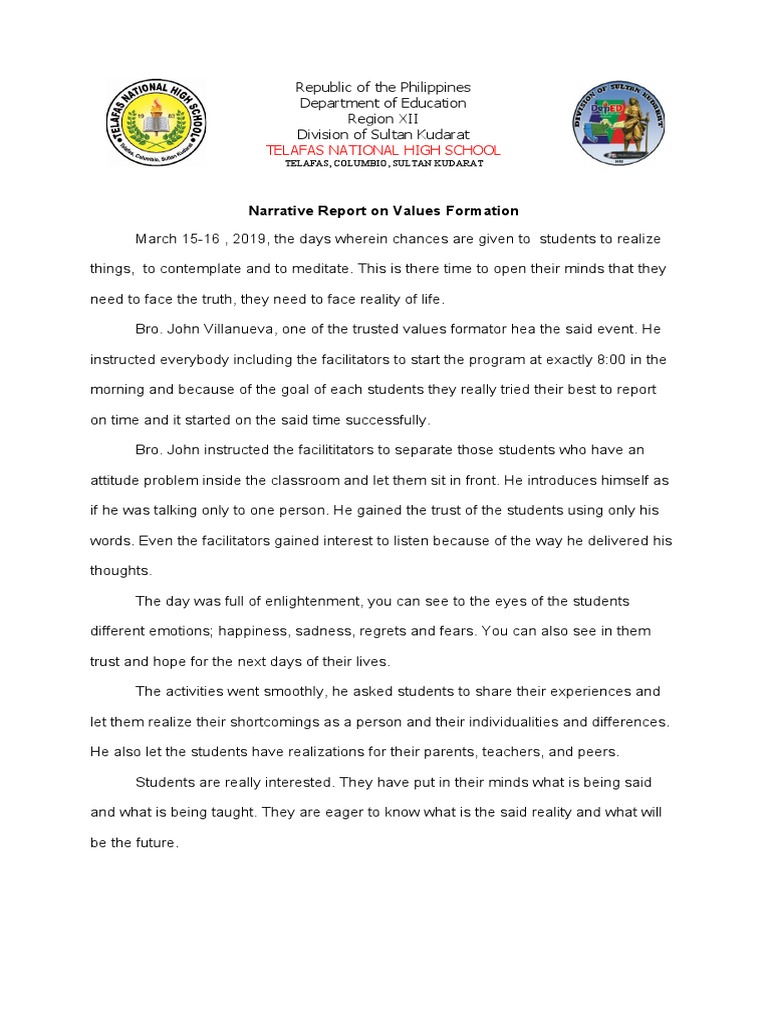 Narrative Report On Values Formation: Telafas National High School ...