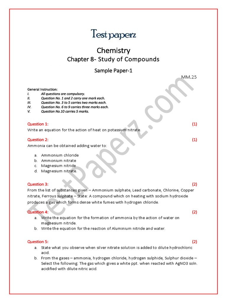 Chemistry: Chapter 8-Study of Compounds | PDF | Ammonium | Ammonia
