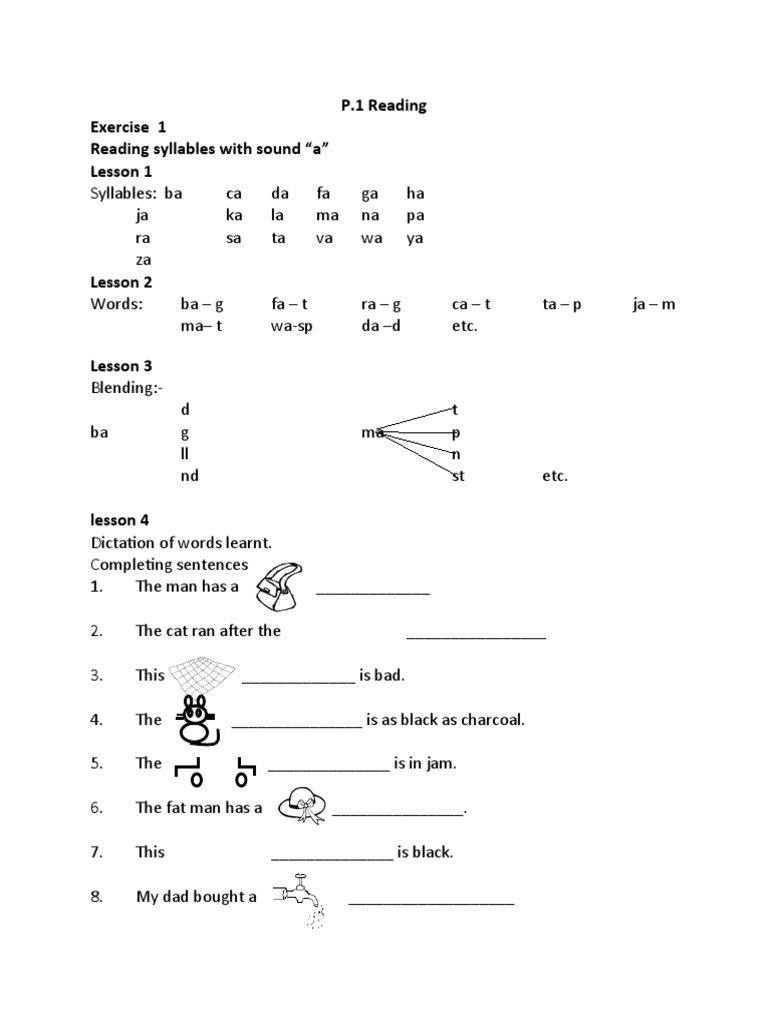 P.1 Reading Exercise 1 Reading Syllables With Sound "A" Lesson 1 | PDF ...