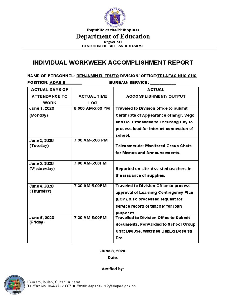 Individual Workweek Accomplishment Report | PDF | Business