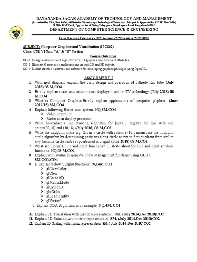 SUBJECT: Computer Graphics and Visualization (17CS62) Class: CSE VI Sem, "A" & "B" Section ...