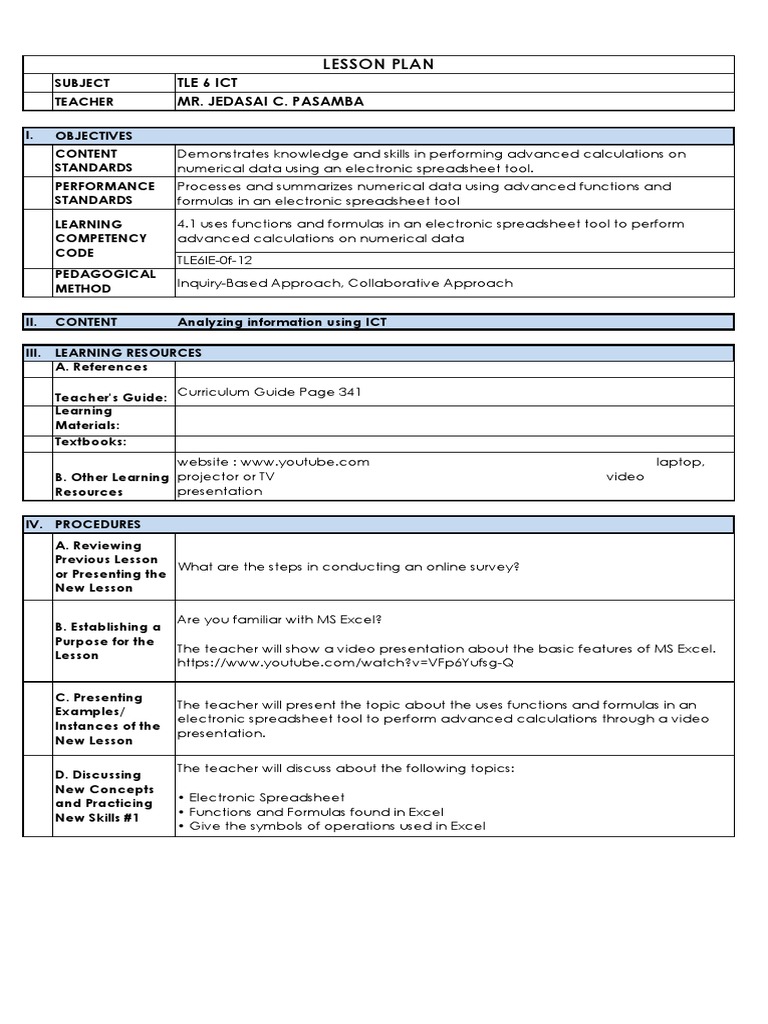 Lesson Plan: Tle 6 Ict Mr. Jedasai C. Pasamba | PDF | Spreadsheet ...