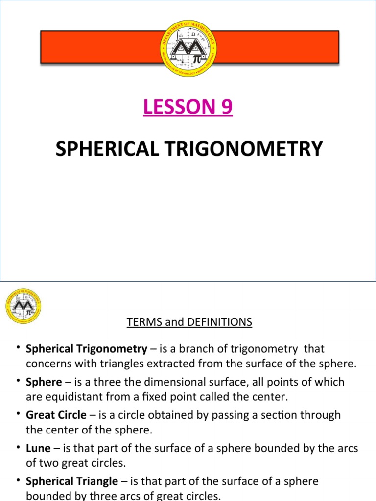 Math12-1 - Lesson 9 - Spherical Trigonometry | PDF | Trigonometric ...