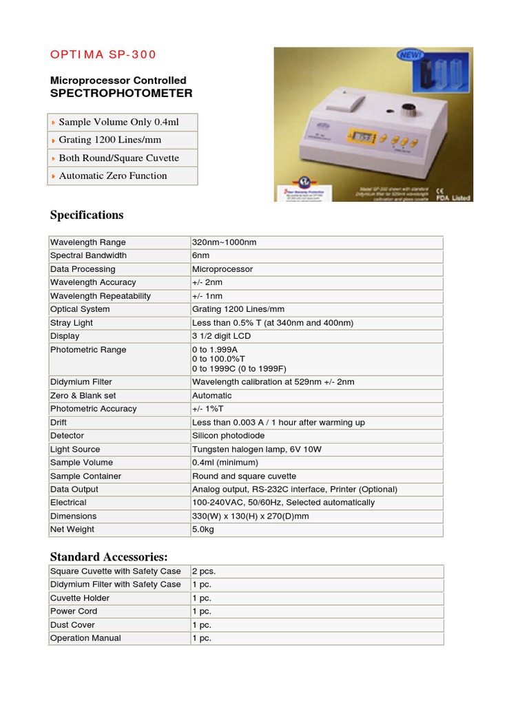 Spectrophotometer: Optima Sp-300 | PDF