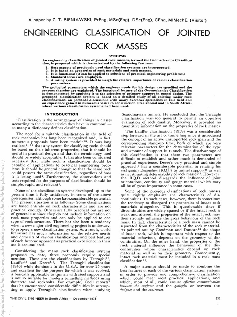 1973 Bieniawski Engineering Classification of Jointed Rock Masses | PDF ...