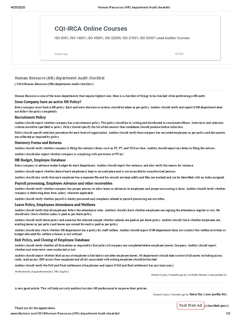 Human Resource (HR) Department Audit Checklist | PDF | Audit | Payroll