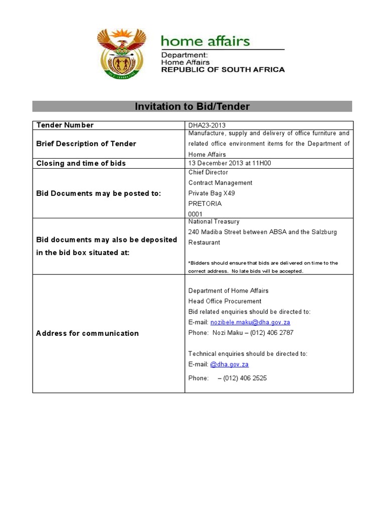 Invitation To Bid/Tender: Tender Number Brief Description of Tender ...