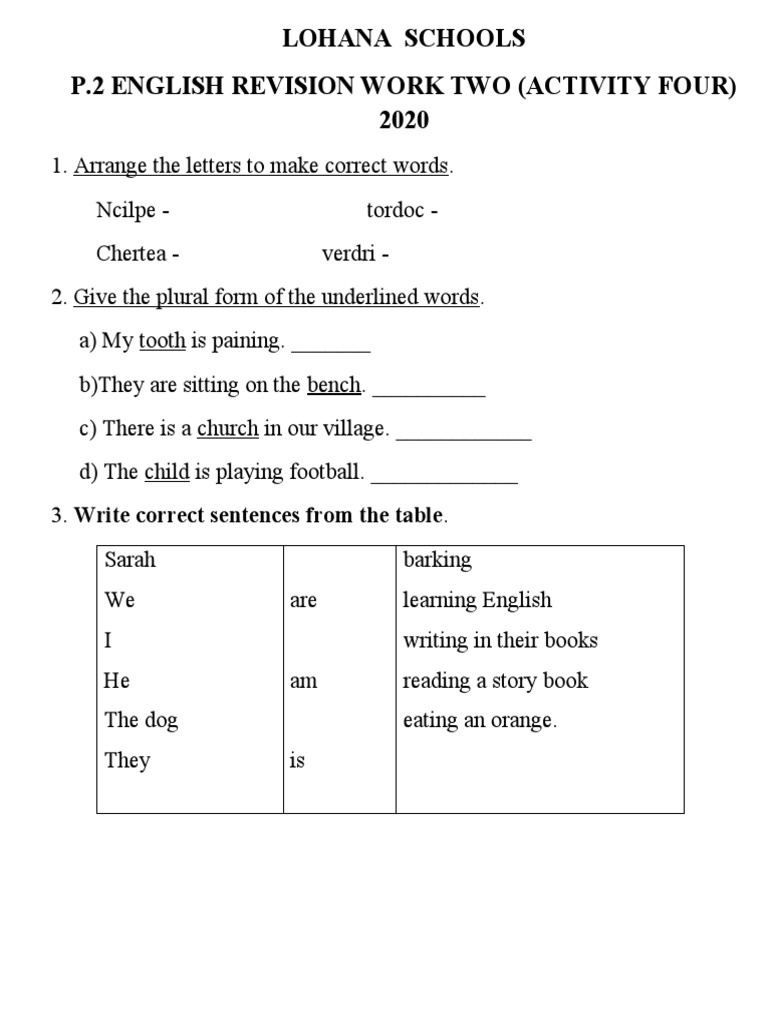 Lohana Schools P.2 English Revision Work Two (Activity Four) 2020 | PDF ...