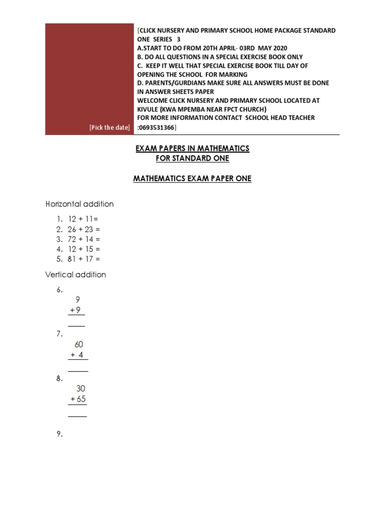 Standard One Maths Exam Papers | PDF | Test (Assessment)