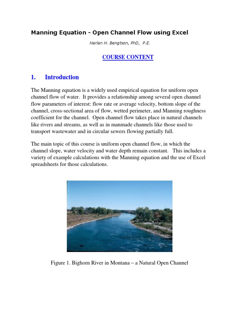 Manning Equation - Open Channel Flow Using Excel: Course Content ...