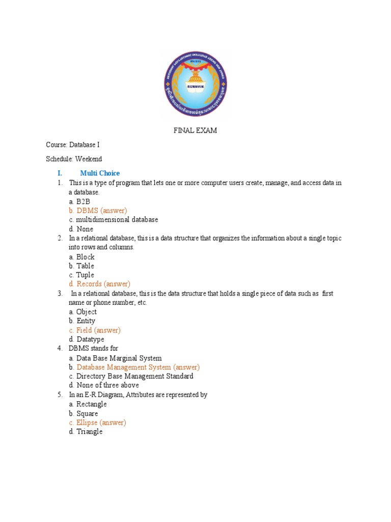 B. DBMS (Answer) : I. Multi Choice | PDF | Relational Database | Databases