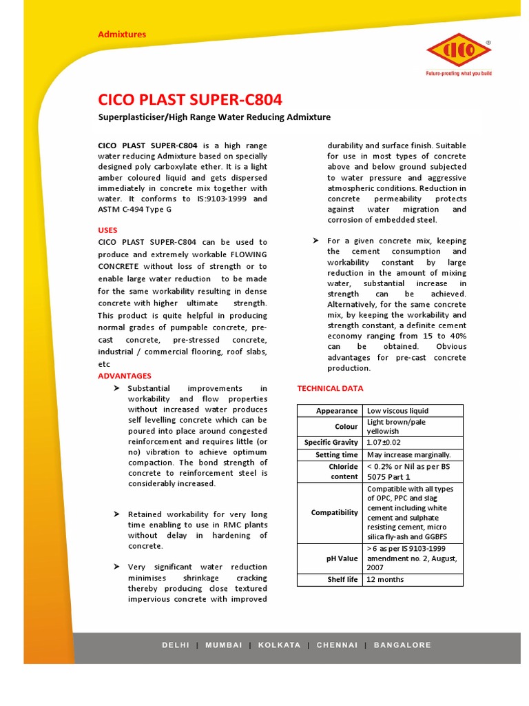 Cico Plast Super C804 | PDF | Concrete | Cement