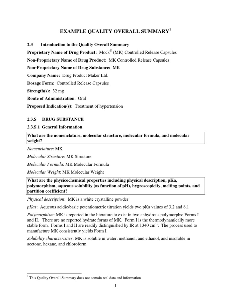 Example QOS FDA | PDF | Pharmaceutical Formulation | High Performance ...