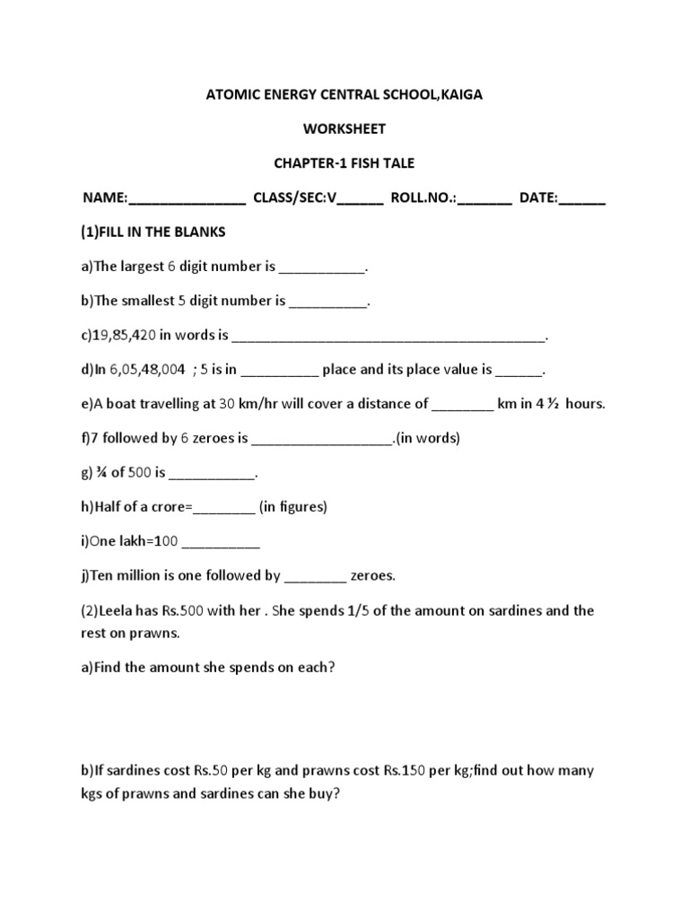 Atomic Energy Central School, Kaiga Worksheet Chapter-1 Fish Tale NAME ...