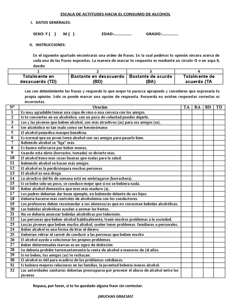Escala de Actitudes Hacia El Consumo de Alcohol | PDF | Bebidas | Sociedad Escala de Actitudes Hacia El Consumo de Alcohol | PDF | Bebidas | Sociedad
