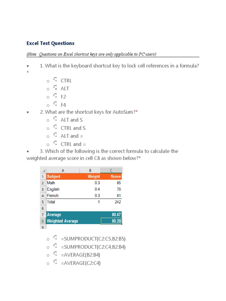 Excel Test Questions - Shortcut Keys & Formulas | PDF | Keyboard ...