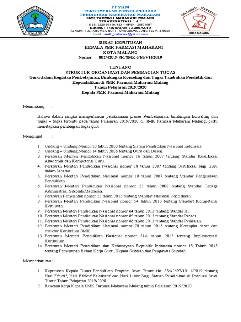 SK Struktur Organisasi Dan Pembagian Tugas Tenaga Pendidik Dan Kependidikan | PDF