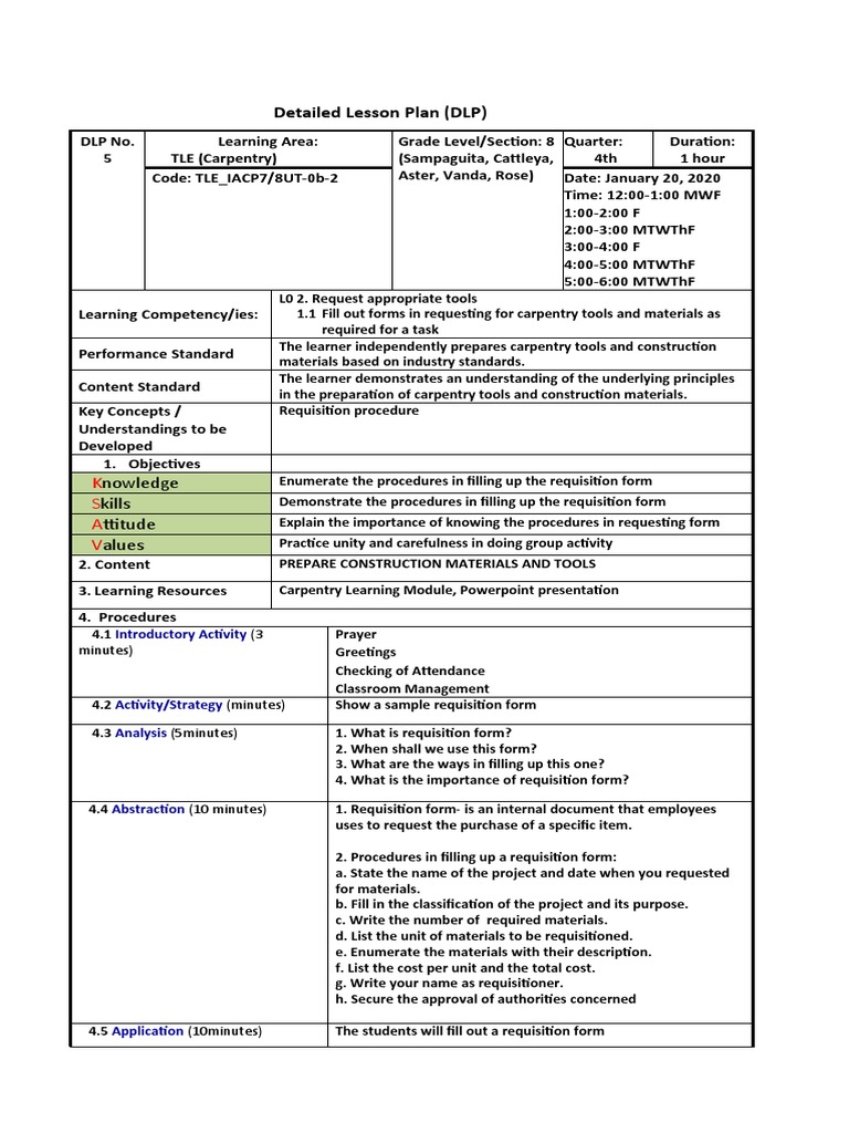 Detailed Lesson Plan (DLP) : Nowledge Kills Ttitude Alues | PDF | Lesson Plan | Carpentry
