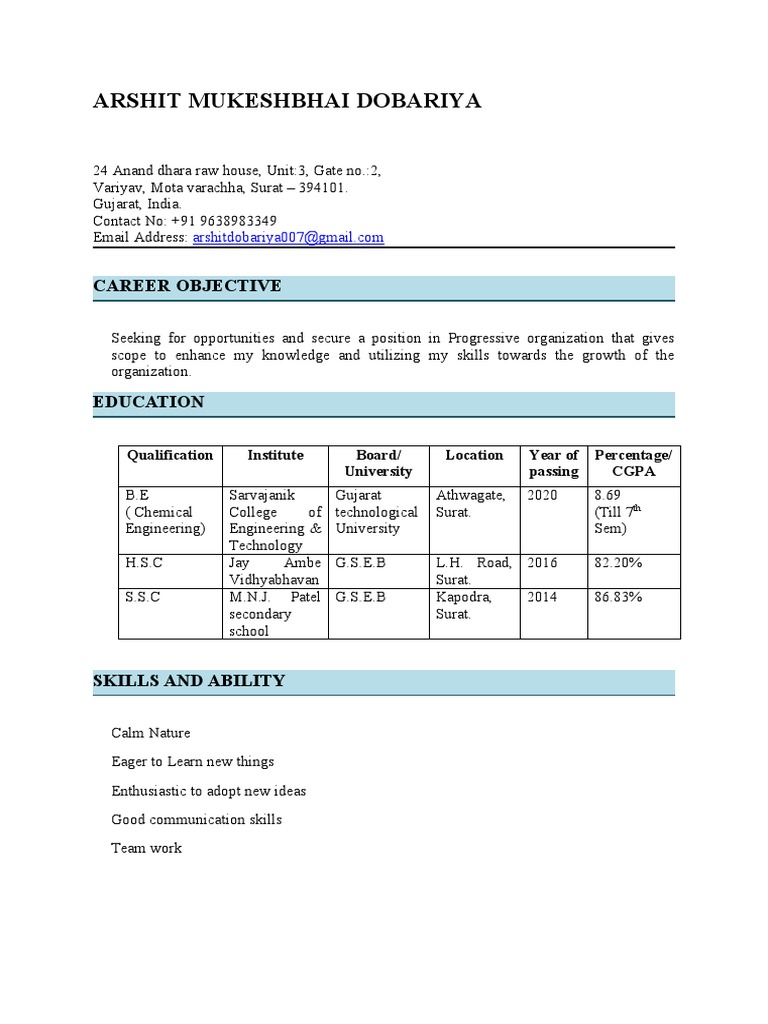 Arshit Mukeshbhai Dobariya: Career Objective | PDF | Gujarat | Learning