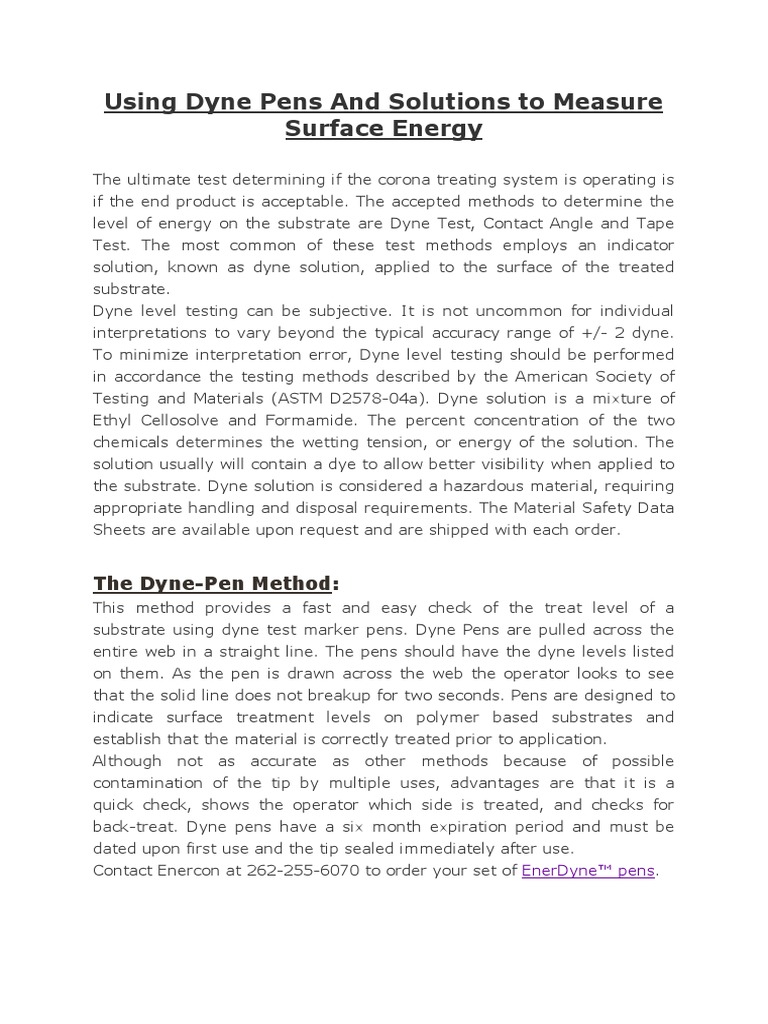 Using Dyne Pens and Solutions To Measure Surface Energy | PDF ...