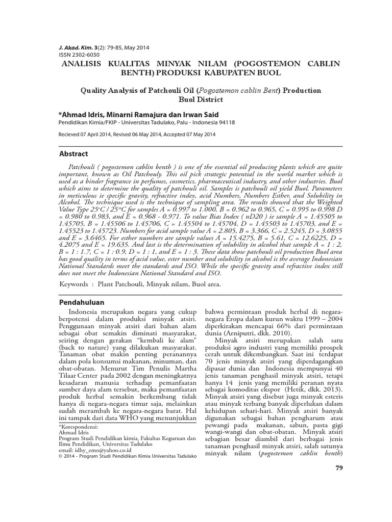 Analisis Kualitas Minyak Nilam Pogostemo | PDF | Parfum | Zat Kimia