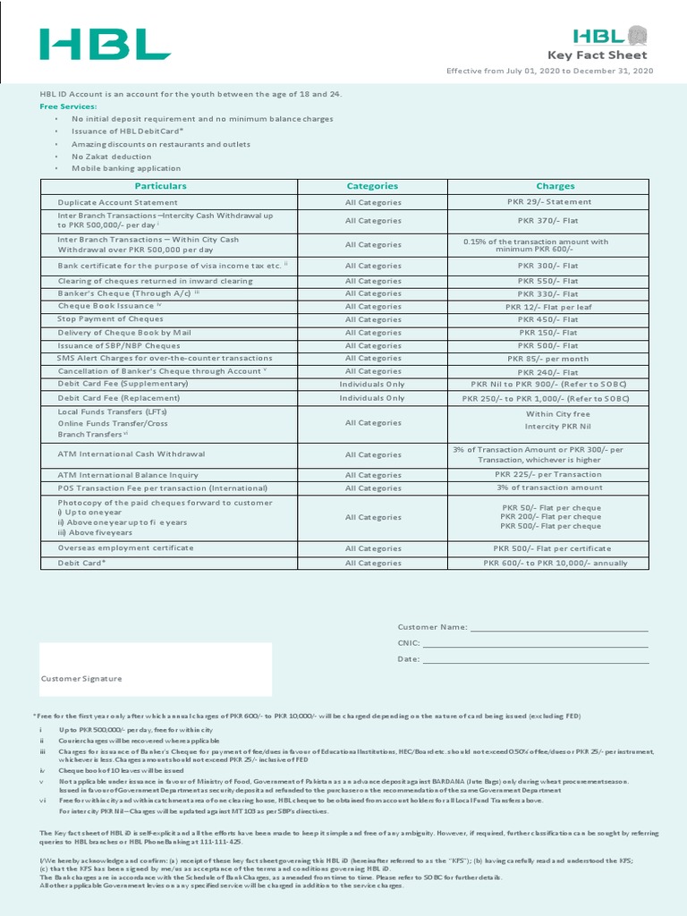 HBL Id (Key Fact Sheet) - Jul - Dec 2020 PDF | PDF | Cheque | Debit Card