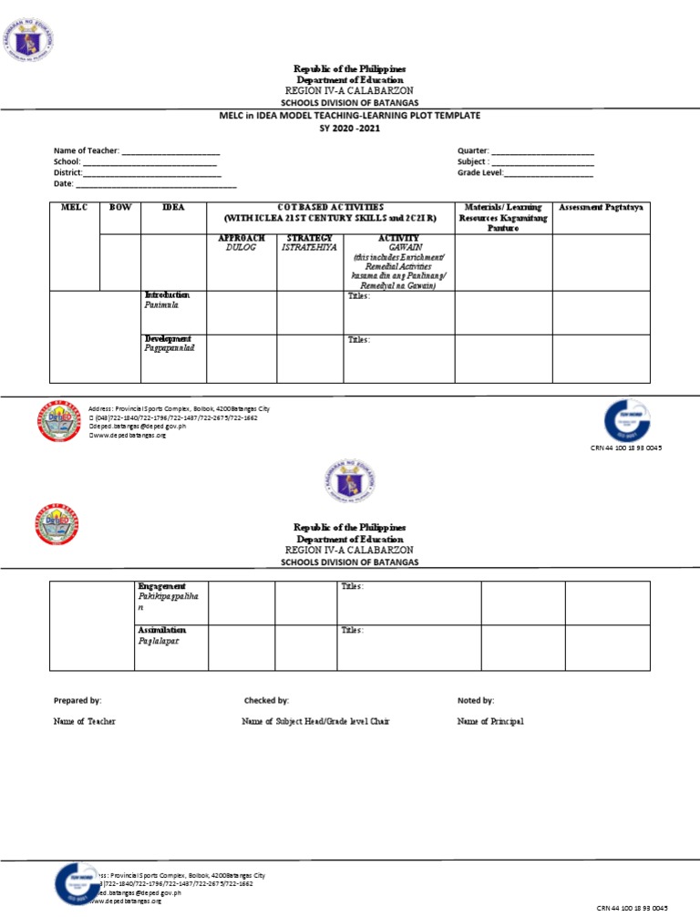 Melc in Idea Model Teaching-Learning Plot Template SY 2020 - 2021 | PDF ...