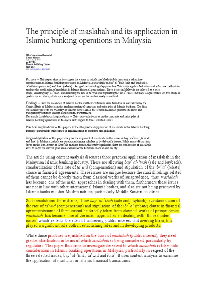 The Principle of Maslahah and Its Application in Islamic Banking ...