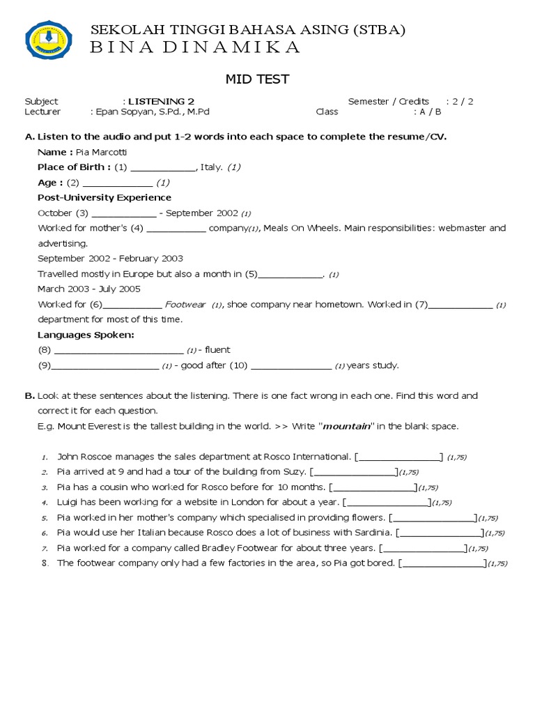 Soal Listening 2 STBA 2020 (UTS) | PDF | Language Arts & Discipline