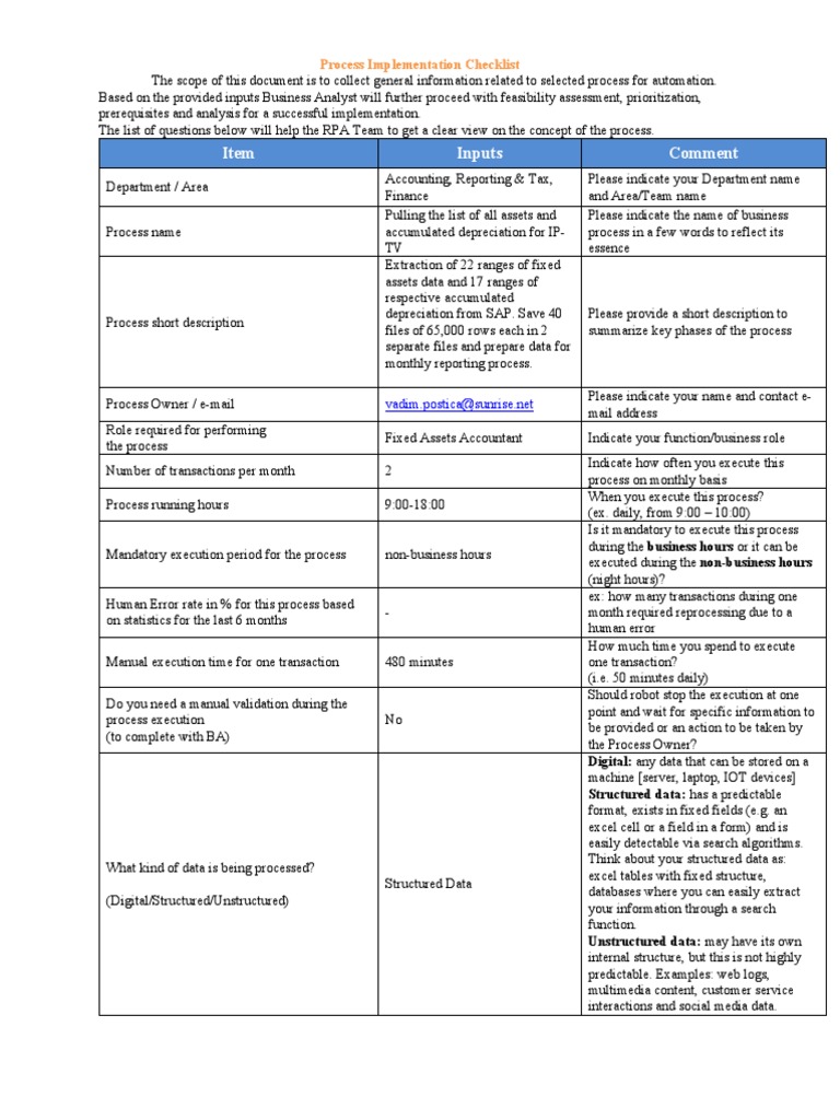 RPA Implementation Checklist 1.5 | PDF | Data | Remote Desktop Services