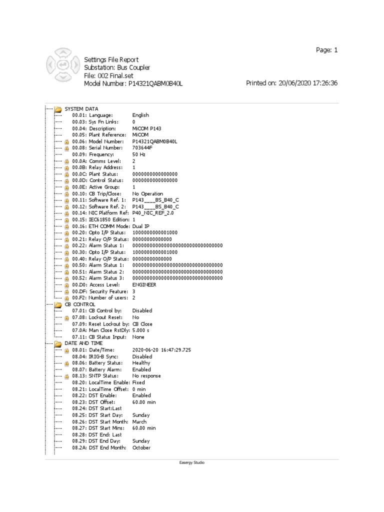Settings File Report Substation: Bus Coupler File: 002 Final - Set ...