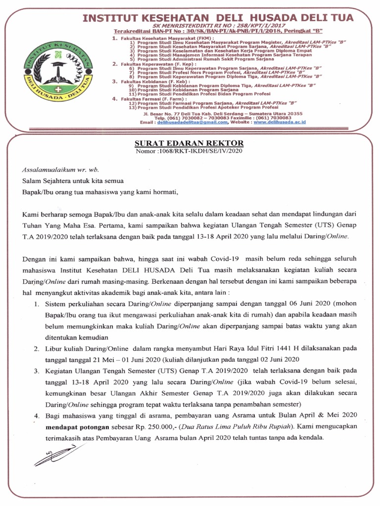 Edaran Rektor Inkes DHDT - Perpanjangan Sistem Pembelajaran Via Online ...