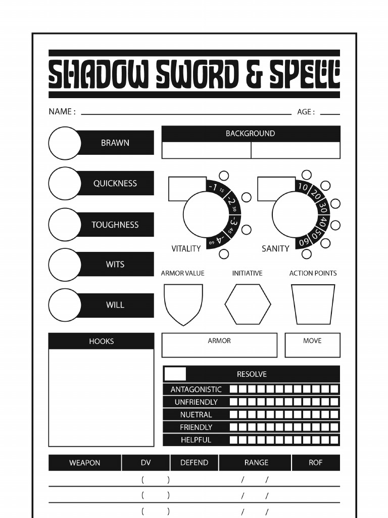 Shadow Sword & Spell Character Sheet