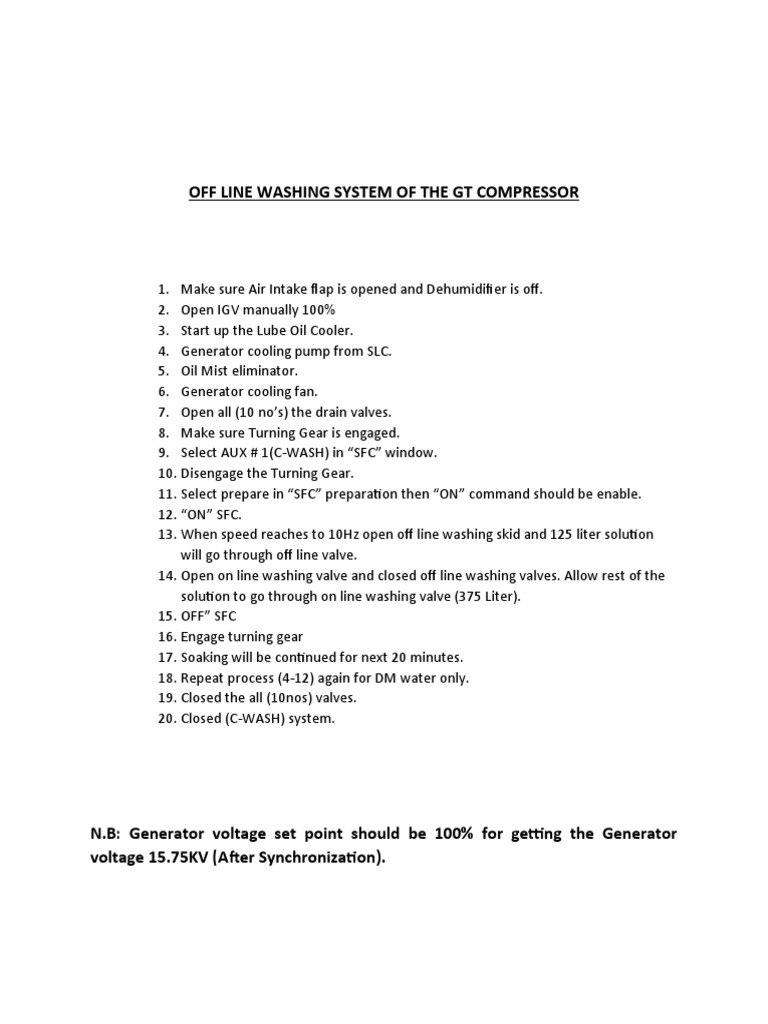 GT Compressor Offline Washing Procedure | PDF