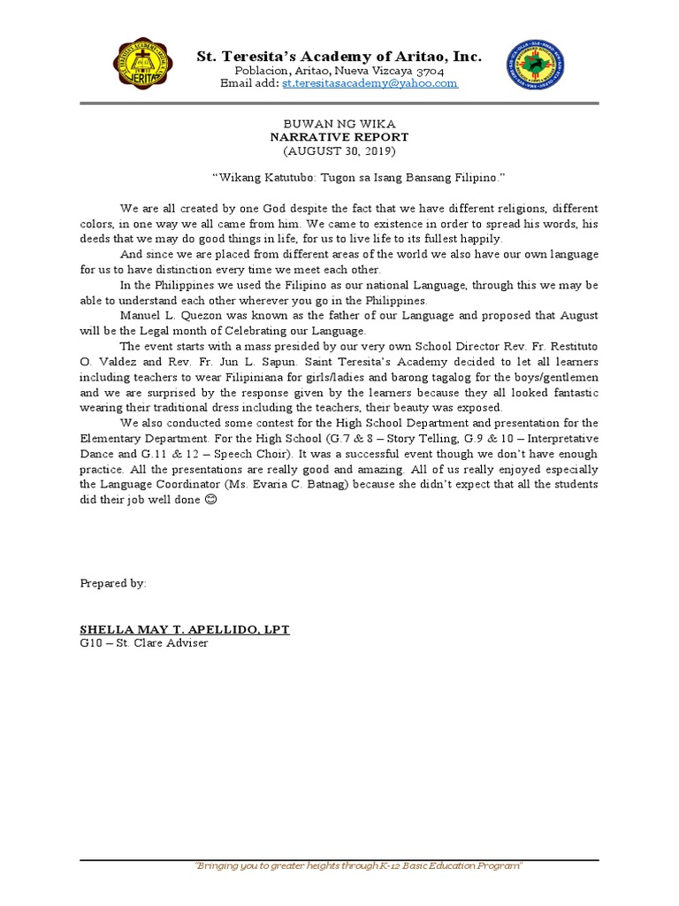 St. Teresita's Academy of Aritao, Inc.: Narrative Report | PDF ...