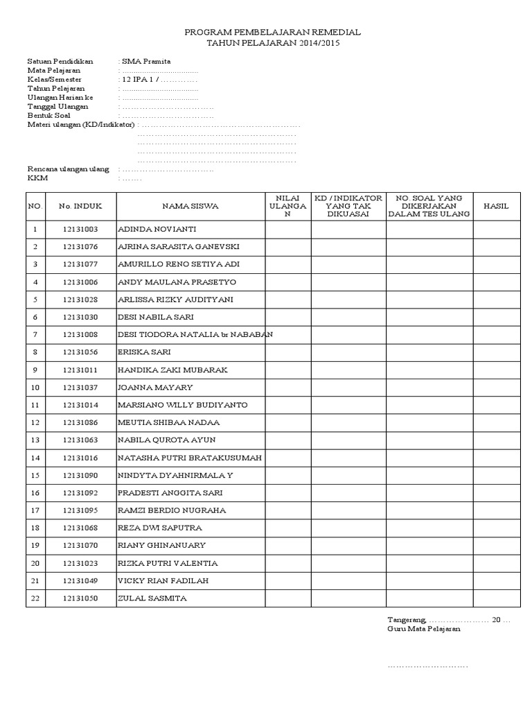 Format Nilai Remedial | PDF