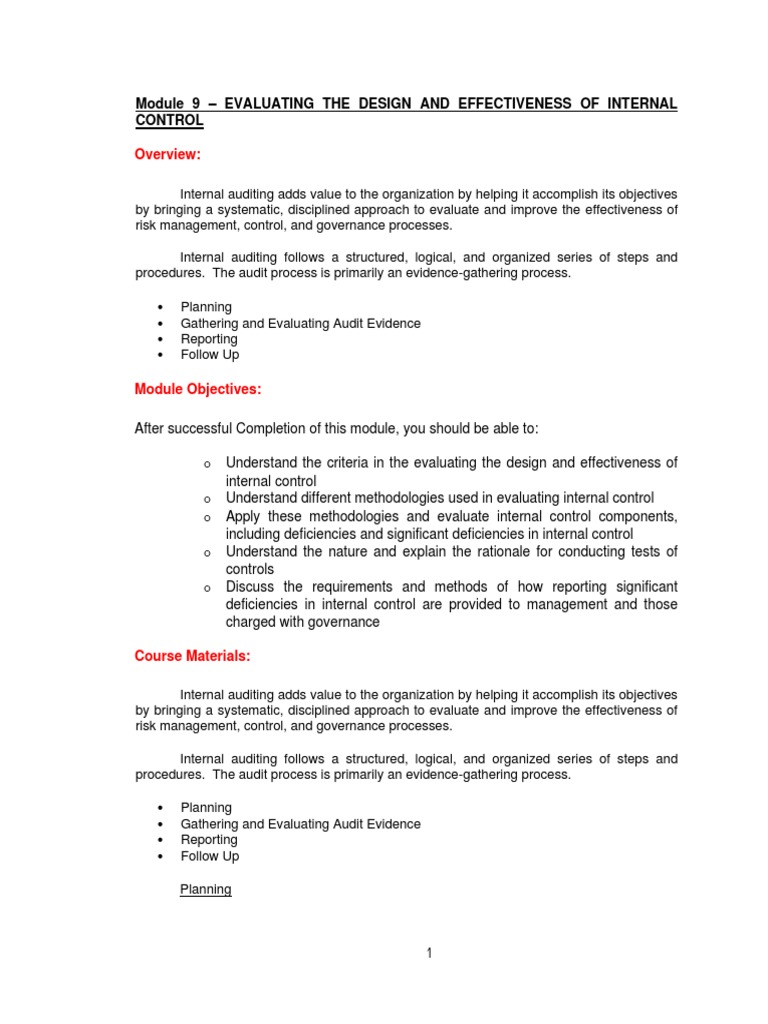 Module 9 - Evaluating The Design and Effcetiveness of Internal Control ...