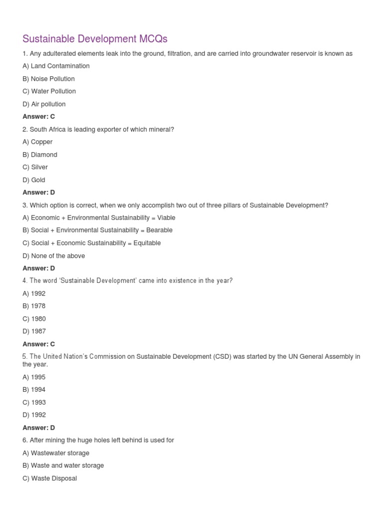 Sustainable Development MCQs PDF | PDF | Sustainability | Sustainable ...