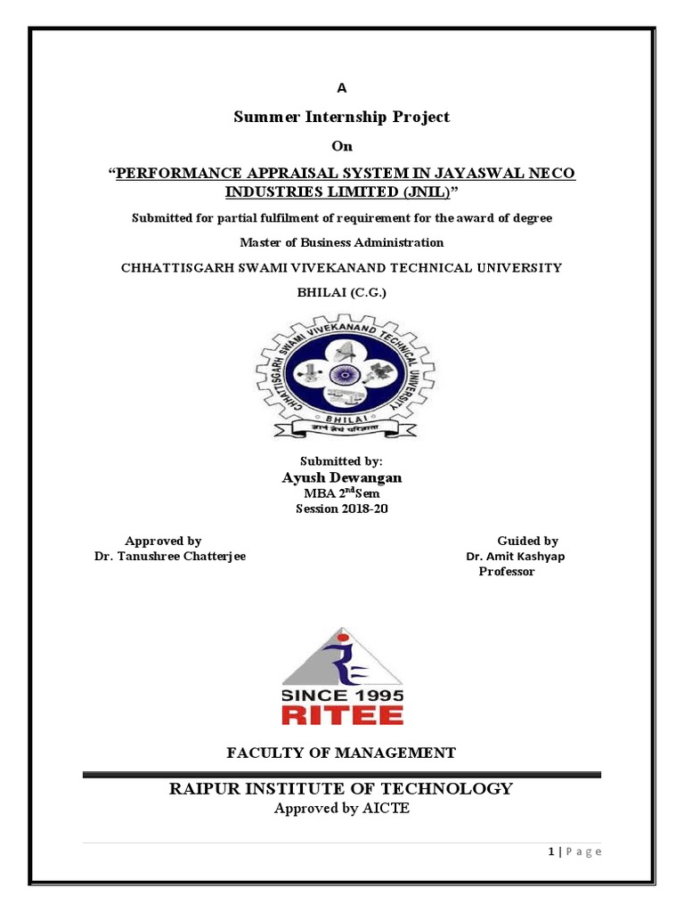 Summer Internship Project JAYASWAL NECO INDUSTRIES LTD Performance Appraisal 2019 AYUSH | PDF ...