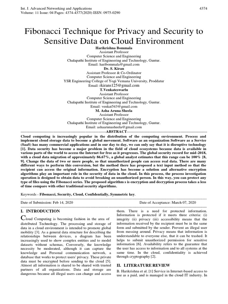 Fibonacci Technique For Privacy and Security To Sensitive Data On Cloud ...