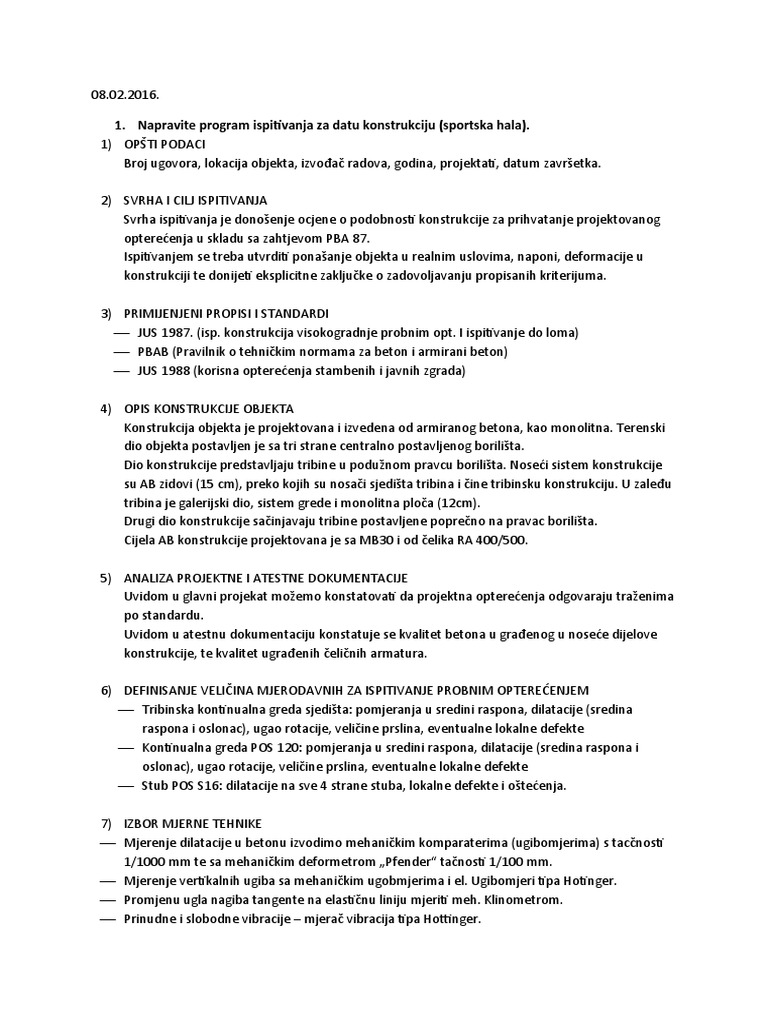 Napravite Program Ispitivanja Za Datu Konstrukciju (Sportska Hala) | PDF