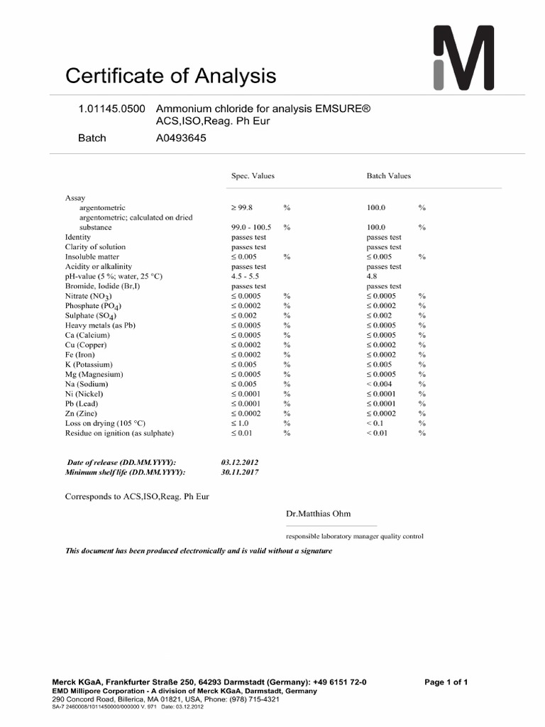 Certificado de Analisis Cloruro de Amonio PDF | PDF
