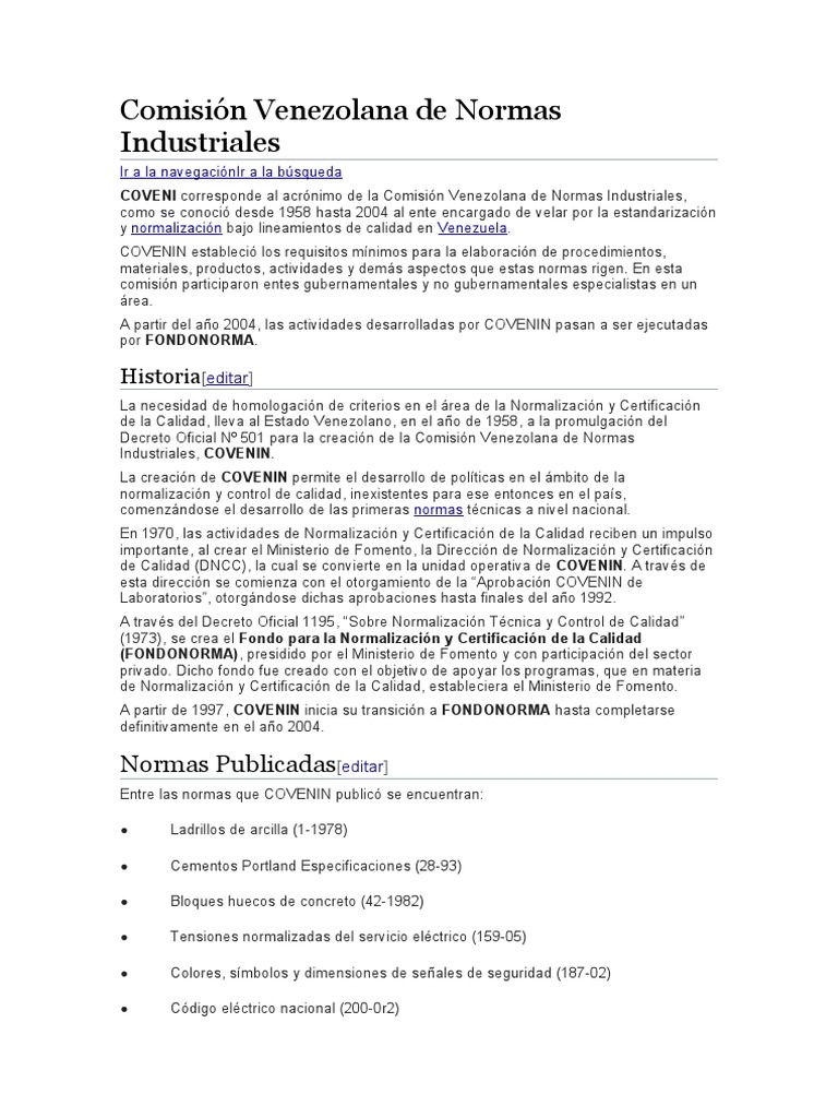 Historia y Normas de COVENIN en Venezuela | PDF | Calidad (comercial ...
