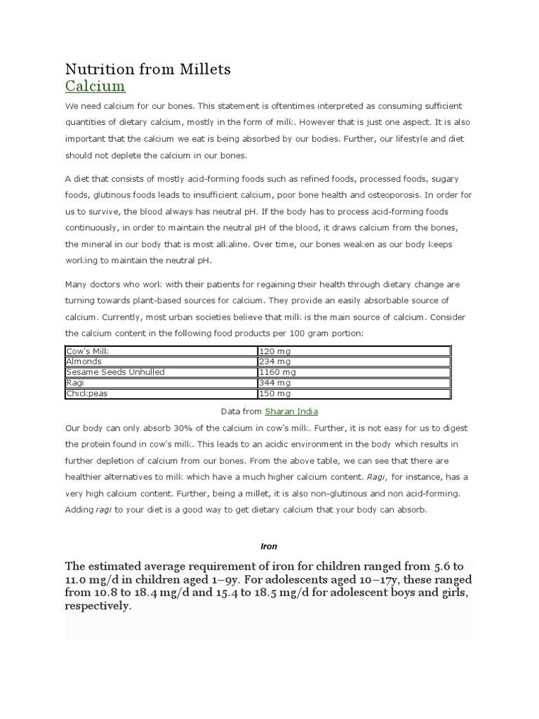 Calcium and Iron in Millets Nutrition | PDF | Cooking, Food & Wine ...