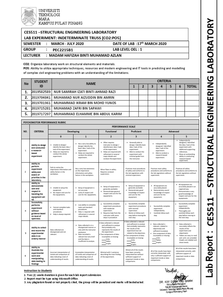 Ces511 - Structural Engineering Laboratory Lab Experiment ...
